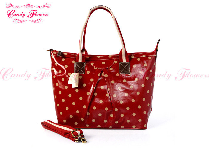 Eco Friendly Winter PVC Red Womens Tote Bags with Yellow polka dot
