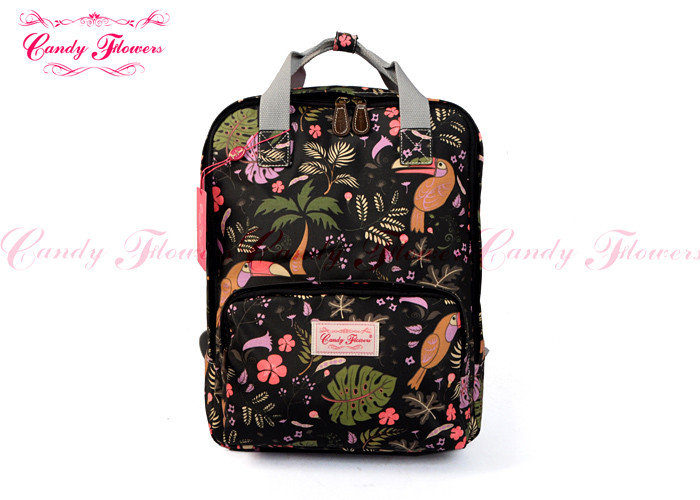 Large Black Birds Flower Print Backpack , Waterproof Vintage Floral Bookbags