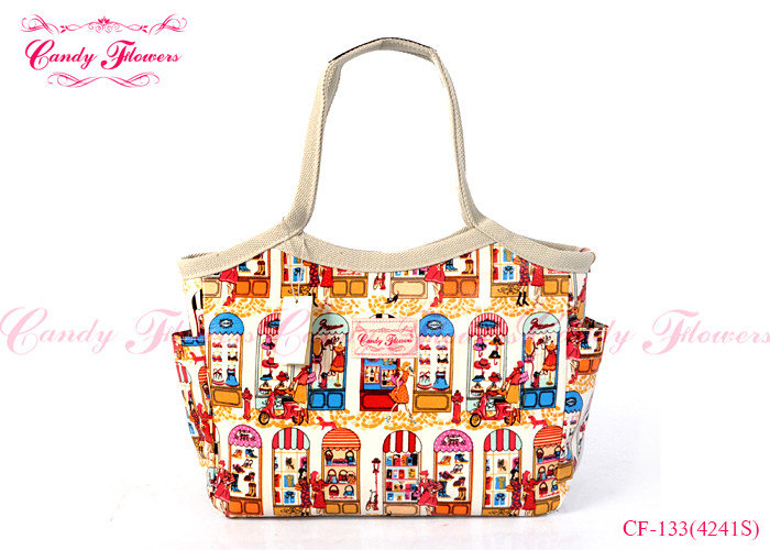 Modern Colorful Small Floral Print Handbags with Window Shops Pattern