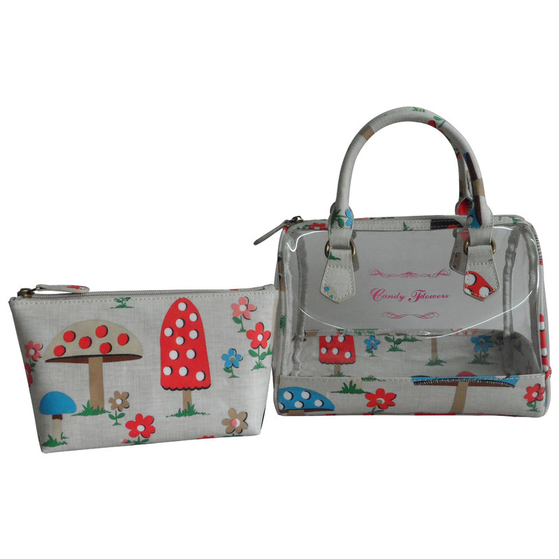 2 in 1 Clear Transparent  Waterproof Floral Print Handbags with  Small Cosmetic Bag