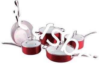 China 9pcs germany metallic outside coated aluminum white ceramic marble cookware set supplier