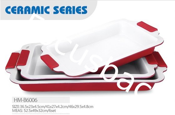 Hot sell Non stick baking ware rectangle pan cake mold ceramic coating pan with silicone handle supplier