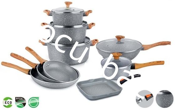 Die casting stone marble coating cookware set with with wooden handle supplier