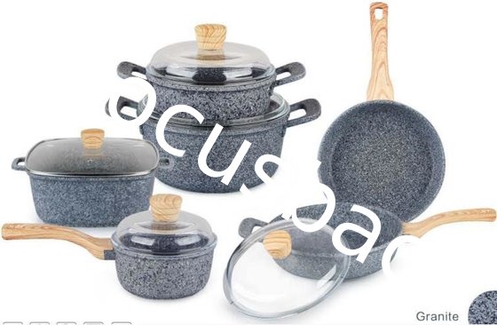Die casting stone marble coating cookware set with with wooden handle supplier