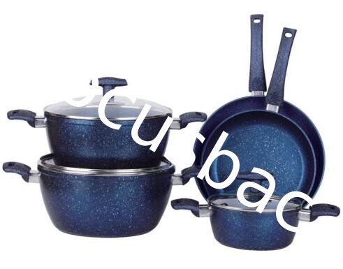 9pcs germany metallic outside coated aluminum white ceramic marble cookware set supplier