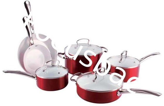 9pcs germany metallic outside coated aluminum white ceramic marble cookware set supplier