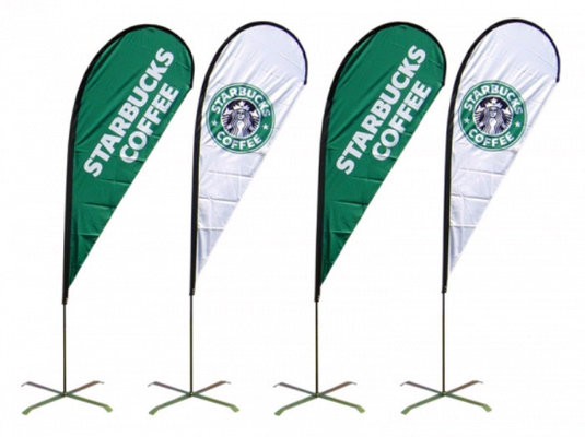Custom Printed Blue And White Advertising Flag Banners Bow for Starbucks CE SGS