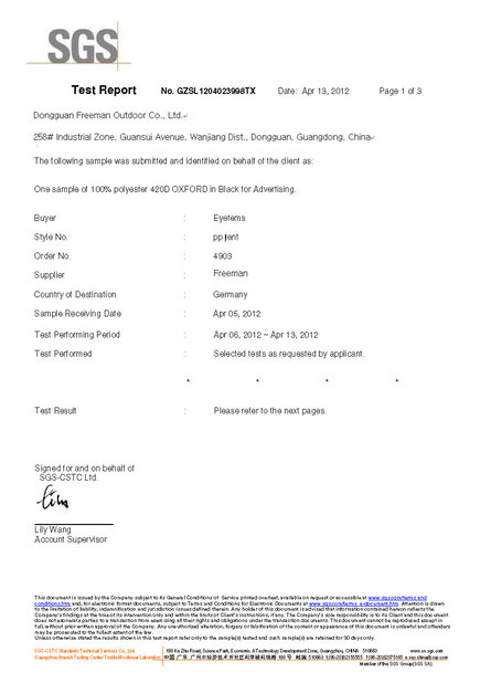 Chine DONGGUAN FREEMAN OUTDOOR CO.,LTD. certifications