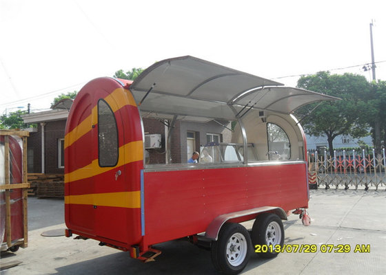 Mobile Food Trailers Red And Yellow Striple , Food Truck Refrigerator Moving Cart