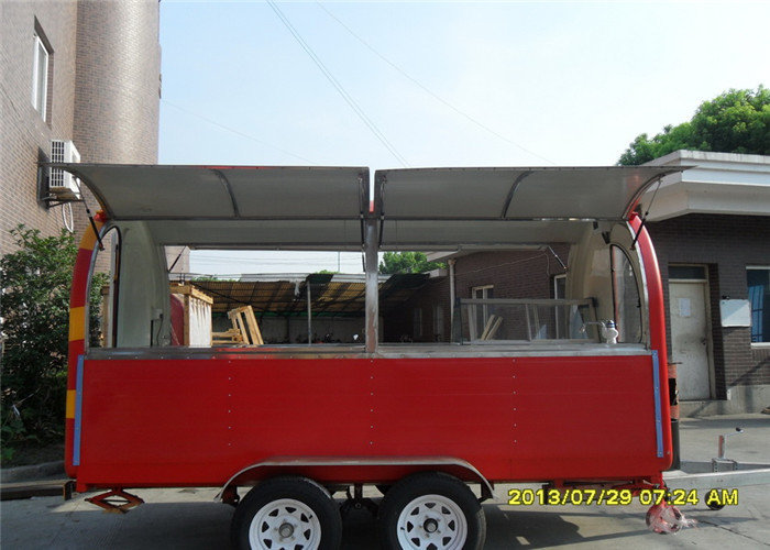Mobile Food Trailers Red And Yellow Striple , Food Truck Refrigerator Moving Cart