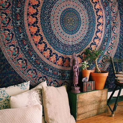 Bohemian Tapestry Elephant Star Mandala Tapestry Blue Tie Dye Star Design Indian Bedspread Twin Tapestry Hippie Wall Dec