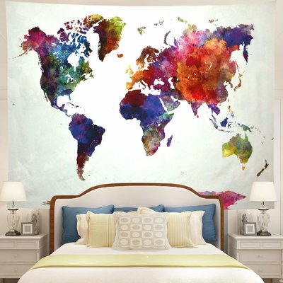 World Map Tapestry Watercolor Tapestry Abstract Map Tapestry Wall Hanging Colorful Globe Tapestry