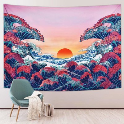 Ocean Wave Tapestry Sunset Tapestry 3D Great Wave Tapestry Japanese Tapestry for Room