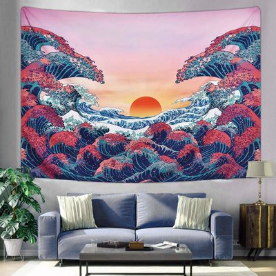 Ocean Wave Tapestry Sunset Tapestry 3D Great Wave Tapestry Japanese Tapestry for Room