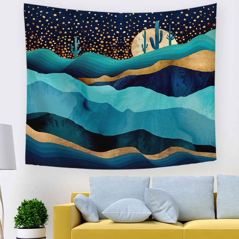 unset Mountain Tapestry,The Mountains Surround The River Silhouette Watercolor Surface Abstract Design with Sunset Décor