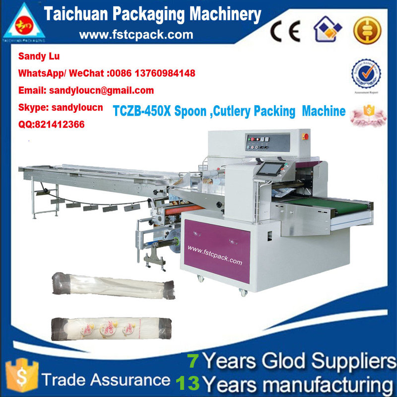Automatic Flow wrapping machine for Cutlery/Spoon/Fork/napkin with feeder