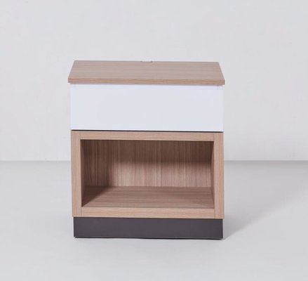 American style Springhill suites hotel guestroom HPL one drawer oak and white finish night stand