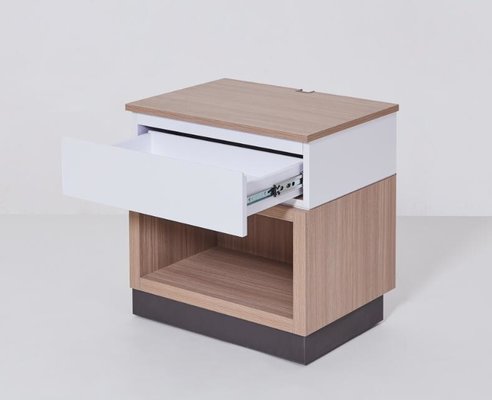 American style Springhill suites hotel guestroom HPL one drawer oak and white finish night stand