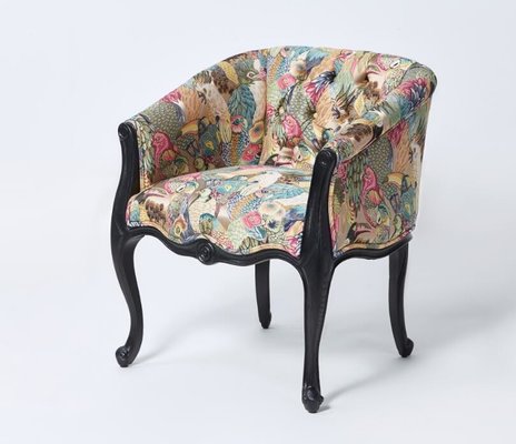 Elegant black oak  Wood Frame French Style Chair Crazy birds Fabric Antique Armchair Accent chair