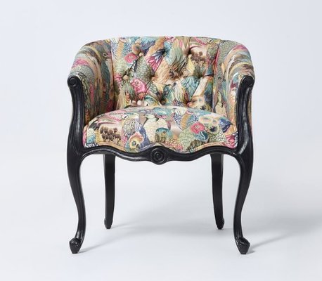 Elegant black oak  Wood Frame French Style Chair Crazy birds Fabric Antique Armchair Accent chair