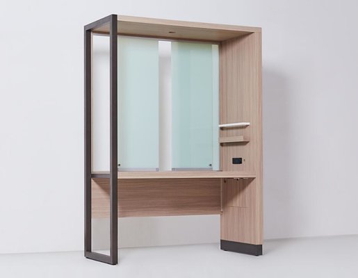 Springhill suites hotel sliding glass panel HPL oak finish metal frame desk unit for hotel guestroom