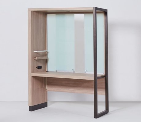Springhill suites hotel sliding glass panel HPL oak finish metal frame desk unit for hotel guestroom