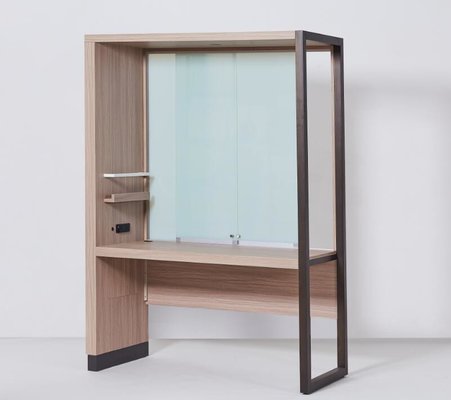 Springhill suites hotel sliding glass panel HPL oak finish metal frame desk unit for hotel guestroom