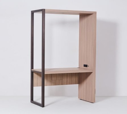 American Springhill suites hotel HPL oak finish metal frame free standing writing desk unit with power outlet