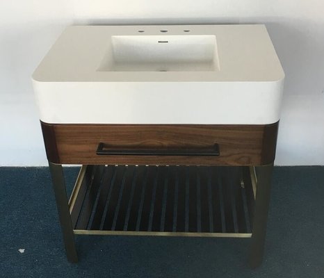 Single Sink walnut wood veneer with brass metal base and black metal slats shelf hotel bathroom vanity