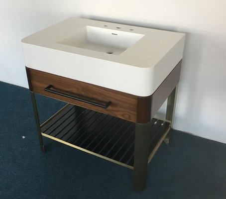 Single Sink walnut wood veneer with brass metal base and black metal slats shelf hotel bathroom vanity