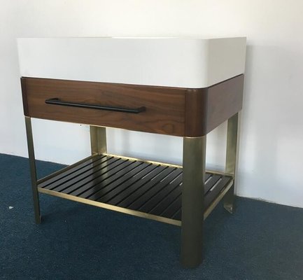 Single Sink walnut wood veneer with brass metal base and black metal slats shelf hotel bathroom vanity