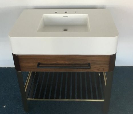 Single Sink walnut wood veneer with brass metal base and black metal slats shelf hotel bathroom vanity