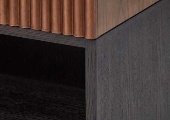 The Ritz Carlton 5-star hotel guestroom walnut and oak frame nightstand