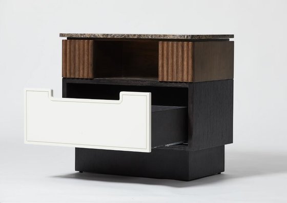 The Ritz Carlton 5-star luxury hotel guestroom walnut wood one white drawer nightstand