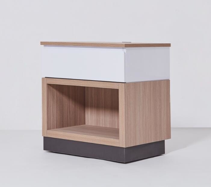 American style Springhill suites hotel guestroom HPL one drawer oak and white finish night stand