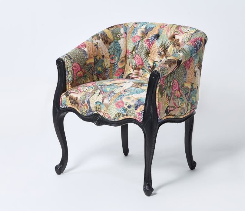 Elegant black oak  Wood Frame French Style Chair Crazy birds Fabric Antique Armchair Accent chair