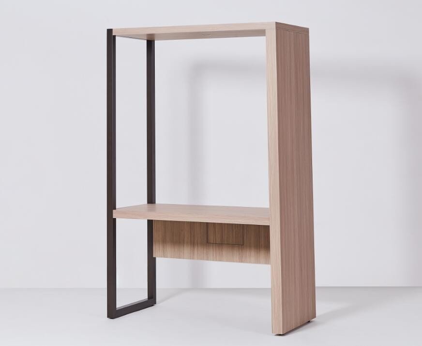 American Springhill suites hotel HPL oak finish metal frame free standing writing desk unit with power outlet