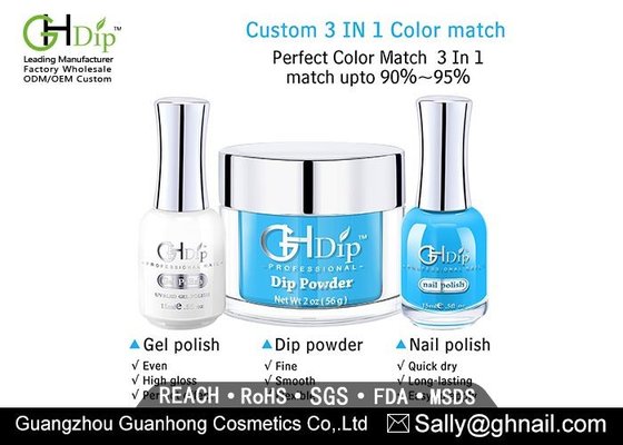 Blue Color Nail Dip Powder 3 in 1 set, Perfect Match Gel Polish and Nail Lacquer