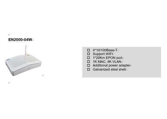 EPON ONU1*GEPON(TX1310nm/RX1490nm,20Km,LC),4*10/100Base-T,WIFI,plastic shell,external power,DC 10.8~13.2V  EN2000-04W