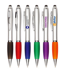 China touch style silver barrel cuvy plastic promotional printed logo ball pen supplier