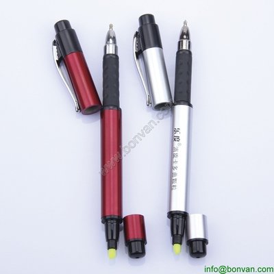 two head pen,highlighter+ball pen, two tip plastic gift pen supplier