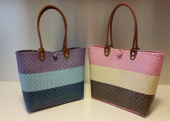 Portable Handmade PP Woven Basket , Bealla Basket with Leather Handles