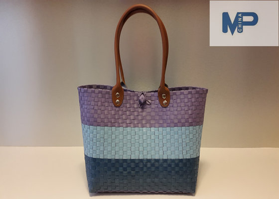 Natural Paper Straw Handbags Pleated Tote Bag , Bealla Basket with Leather Handle
