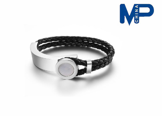 Unisex stainless steel leather bracelet , Custom Black Leather bangles