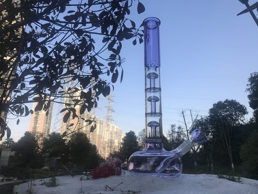 Purple 3 Mushroom Diffuser Hookahs Straight Tube , Glass Smoking Pipes With Ice Catcher