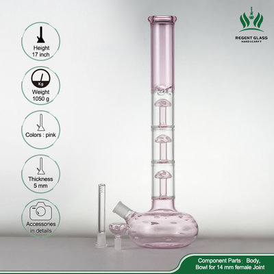 17 Inches Glass Smoking Tubes  Kettle Shaped Pink 3 Mushroom Diffuser With Ice Catcher