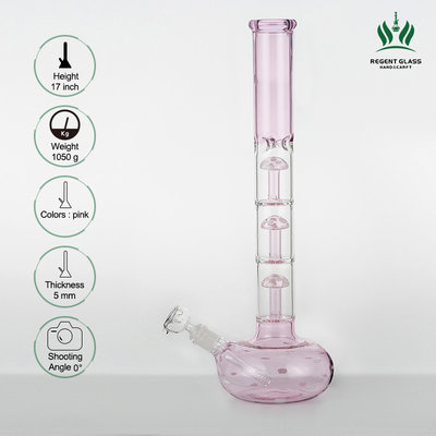 Pink Mushroom Thick Glass Smoking Pipe , Thriple Perc  Perc Glass Water Pipe 18.8 Mm Female Joint