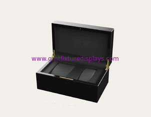 China Lockable Golden Hinged Watch Box with Glossy Black Wooden Box  Inside PU Leather supplier