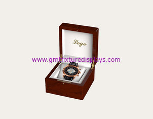 China Lockable Hinged Watch Box with Glossy Black Wooden Box Inside White Soft PU Leather supplier