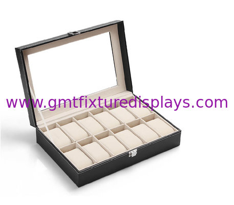12 Slots Grid PU Leather Locked Wood Watch Display Box  Black Color 260*180*100mm supplier